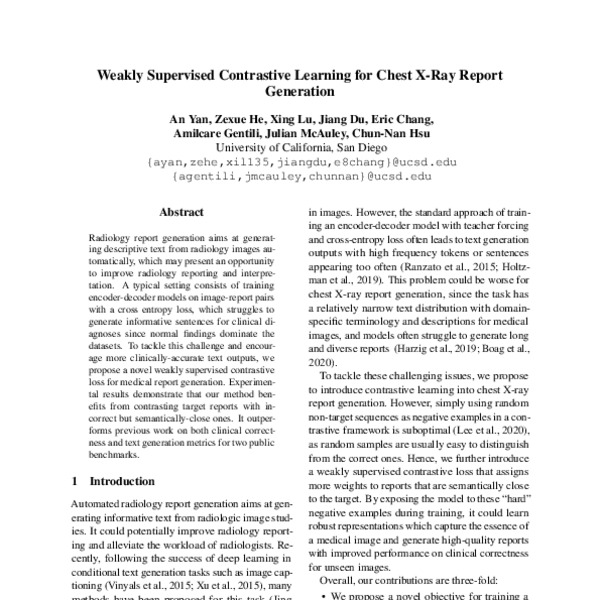 Weakly Supervised Contrastive Learning for Chest X-Ray Report Generation - ACL Anthology