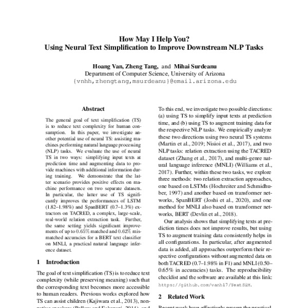 How May I Help You? Using Neural Text Simplification to Improve Downstream NLP Tasks - ACL Anthology