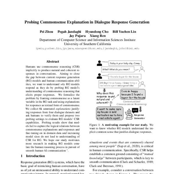 Probing Commonsense Explanation In Dialogue Response Generation Acl Anthology