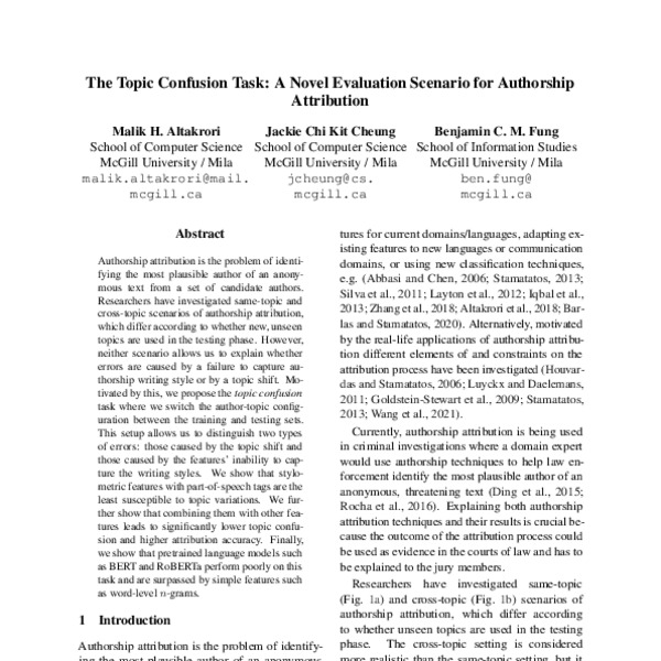 The Topic Confusion Task: A Novel Evaluation Scenario for Authorship Attribution - ACL Anthology