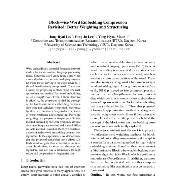 Block-wise Word Embedding Compression Revisited: Better Weighting and Structuring - ACL Anthology