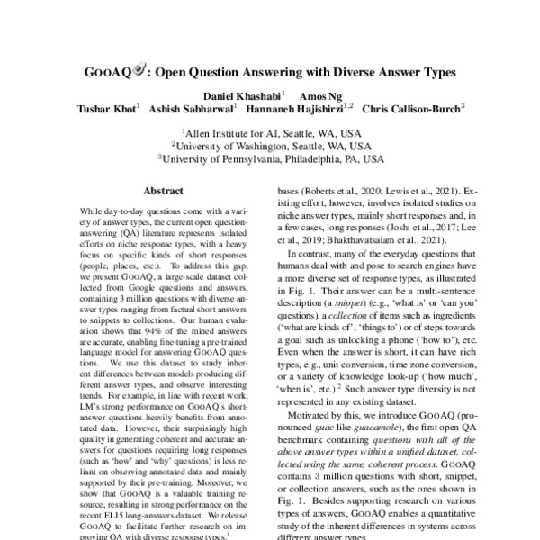 GooAQ: Open Question Answering with Diverse Answer Types - ACL Anthology