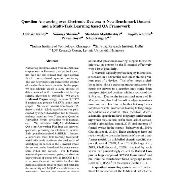 Question Answering over Electronic Devices: A New Benchmark Dataset and a Multi-Task Learning ...
