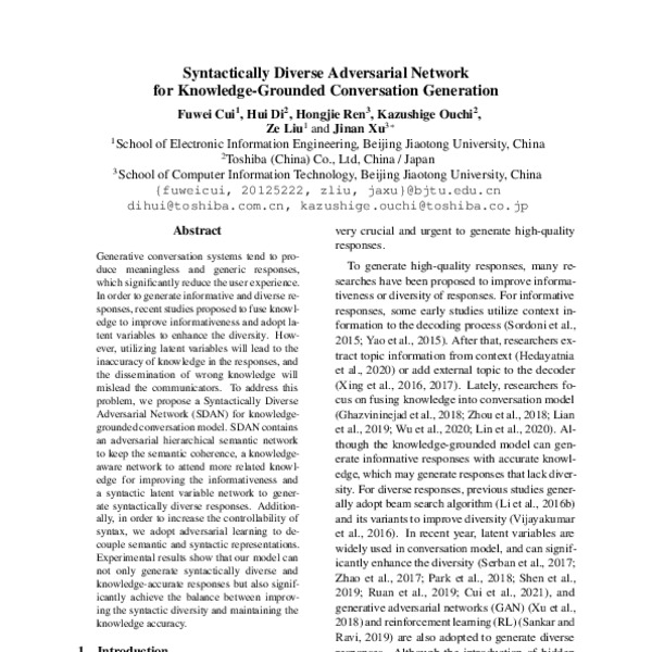 Syntactically Diverse Adversarial Network for Knowledge-Grounded Conversation Generation - ACL ...