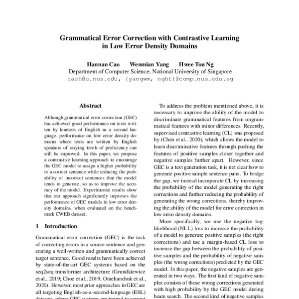 Grammatical Error Correction with Contrastive Learning in Low Error Density Domains - ACL Anthology