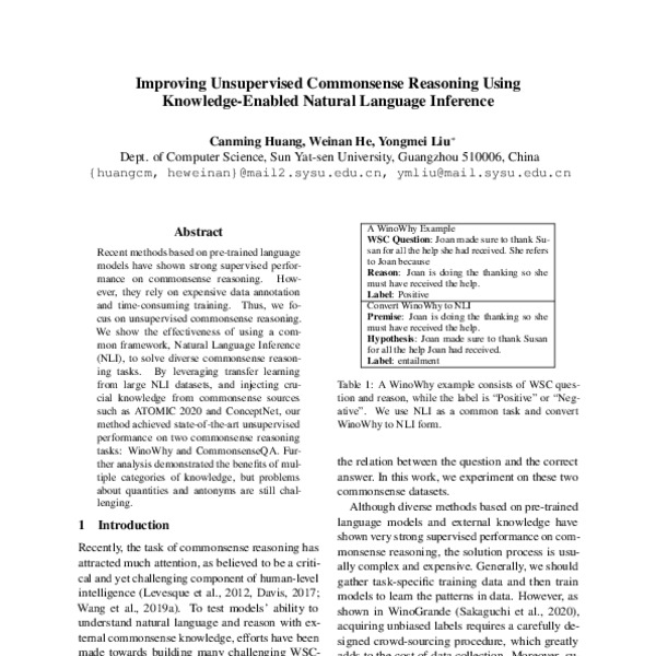 Improving Unsupervised Commonsense Reasoning Using Knowledge-Enabled Natural Language Inference ...