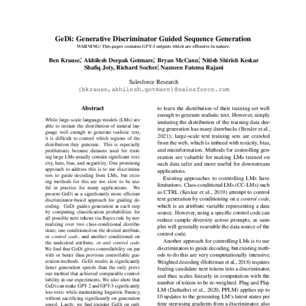 GeDi: Generative Discriminator Guided Sequence Generation - ACL Anthology