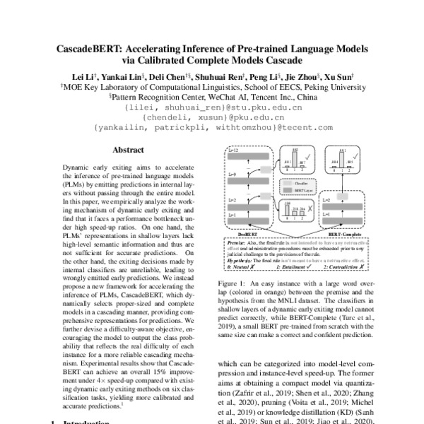 CascadeBERT: Accelerating Inference of Pre-trained Language Models via Calibrated Complete ...