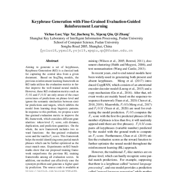 Keyphrase Generation with Fine-Grained Evaluation-Guided Reinforcement Learning - ACL Anthology