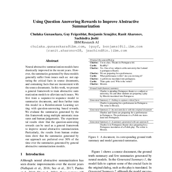 Using Question Answering Rewards to Improve Abstractive Summarization - ACL Anthology