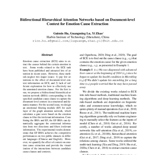 Bidirectional Hierarchical Attention Networks based on Document-level Context for Emotion Cause ...