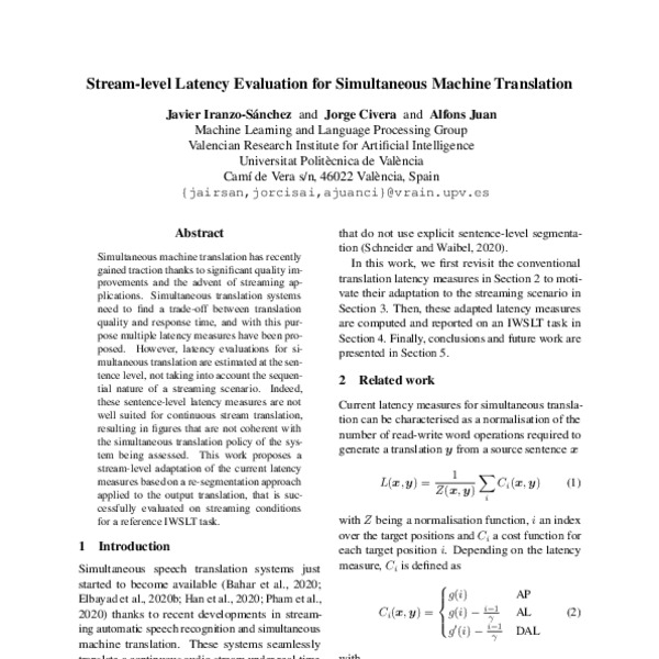 Stream-level Latency Evaluation for Simultaneous Machine Translation - ACL Anthology