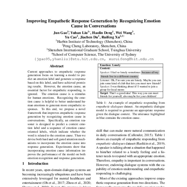 Improving Empathetic Response Generation by Recognizing Emotion Cause in Conversations - ACL ...