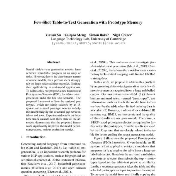 Few Shot Table To Text Generation With Prototype Memory Acl Anthology