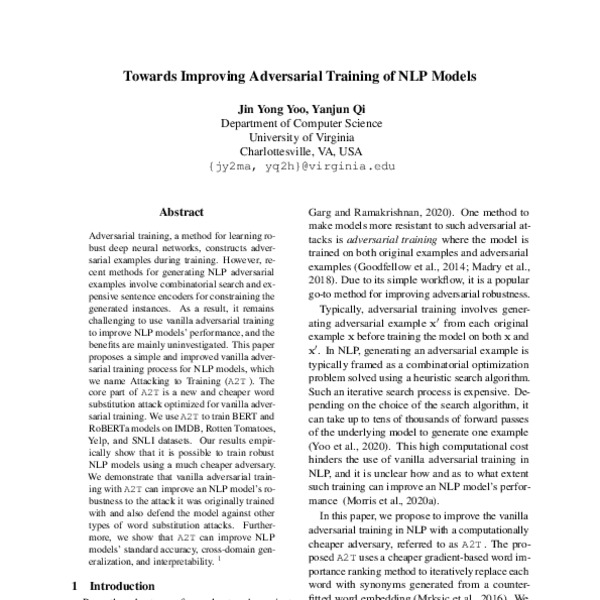 Towards Improving Adversarial Training of NLP Models - ACL Anthology