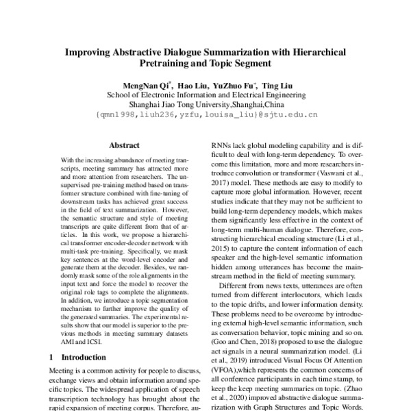 Improving Abstractive Dialogue Summarization with Hierarchical Pretraining and Topic Segment ...