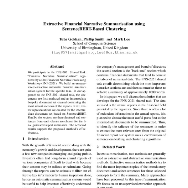 Extractive Financial Narrative Summarisation using SentenceBERT Based Clustering - ACL Anthology