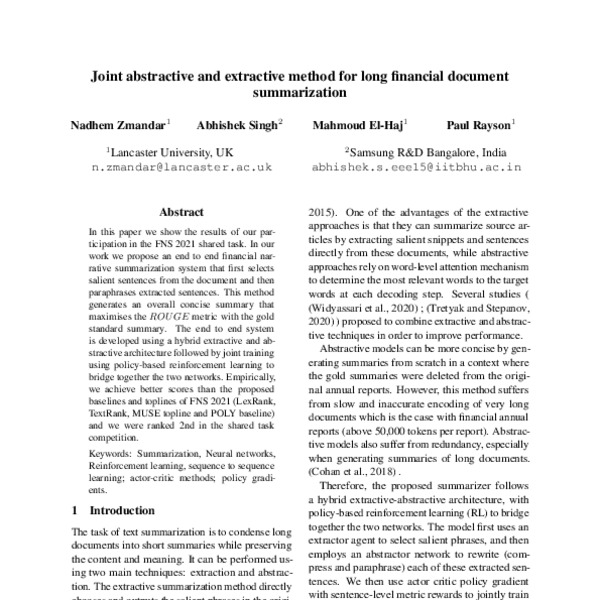 Joint abstractive and extractive method for long financial document ...