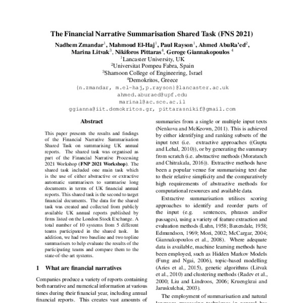 The Financial Narrative Summarisation Shared Task FNS 2021 - ACL Anthology
