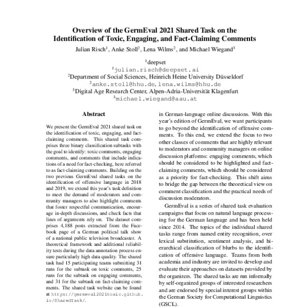 Overview Of The Germeval 2021 Shared Task On The Identification Of Toxic Engaging And Fact