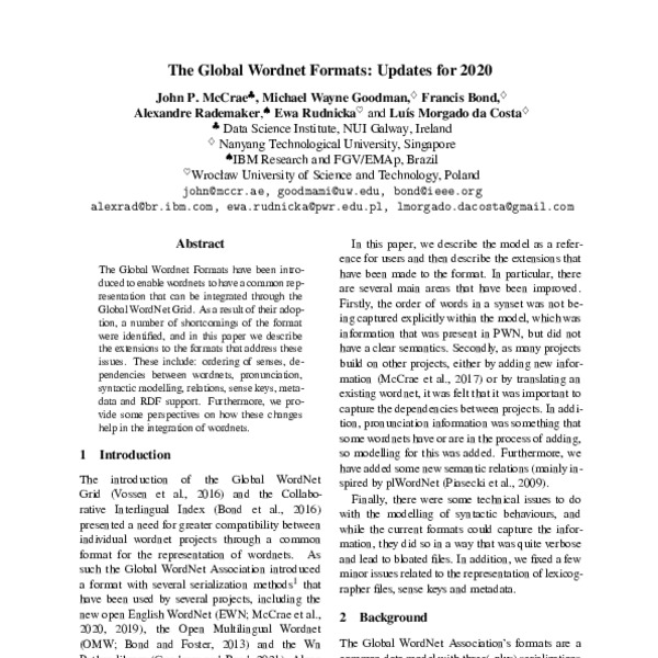 The GlobalWordNet Formats: Updates for 2020 - ACL Anthology