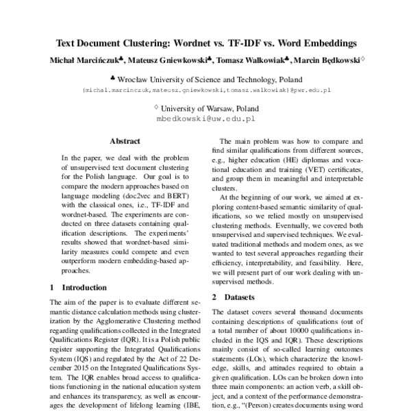Text Document Clustering Wordnet Vs Tf Idf Vs Word Embeddings Acl Anthology
