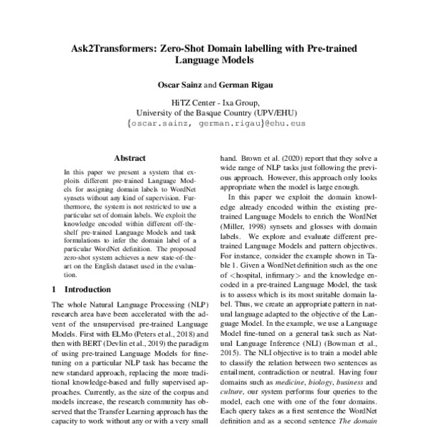 Ask2Transformers: Zero-Shot Domain labelling with Pretrained Language Models - ACL Anthology