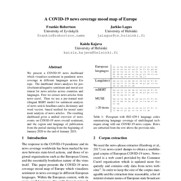 A COVID-19 news coverage mood map of Europe - ACL Anthology