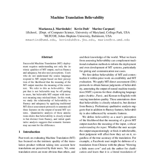 Machine Translation Believability - ACL Anthology
