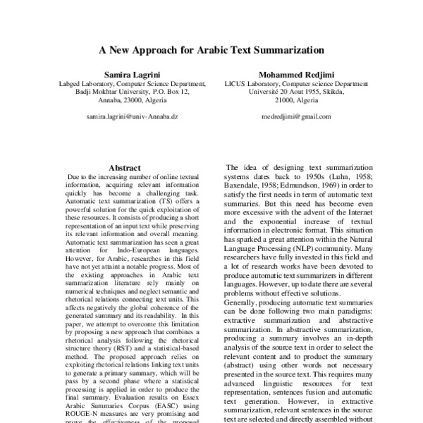 A New Approach for Arabic Text Summarization - ACL Anthology