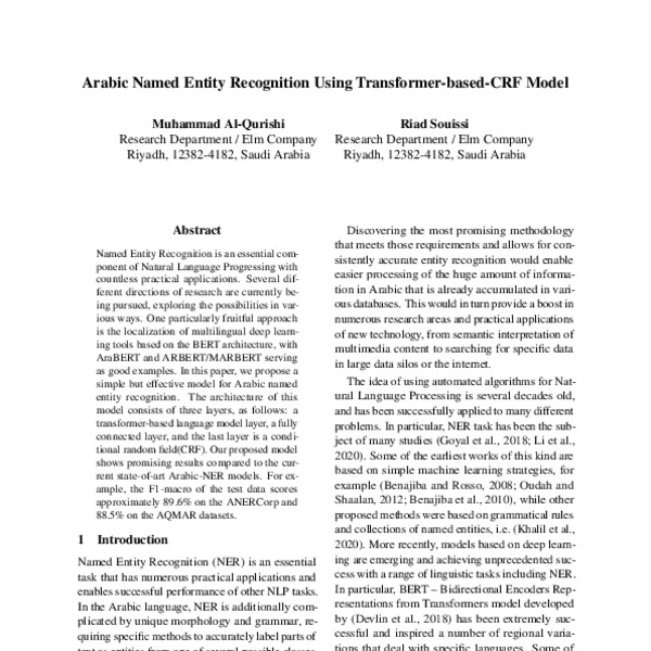 Arabic Named Entity Recognition Using Transformer-based-CRF Model - ACL Anthology