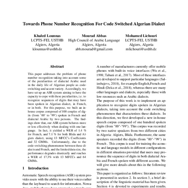 Towards Phone Number Recognition For Code Switched Algerian Dialect Acl Anthology