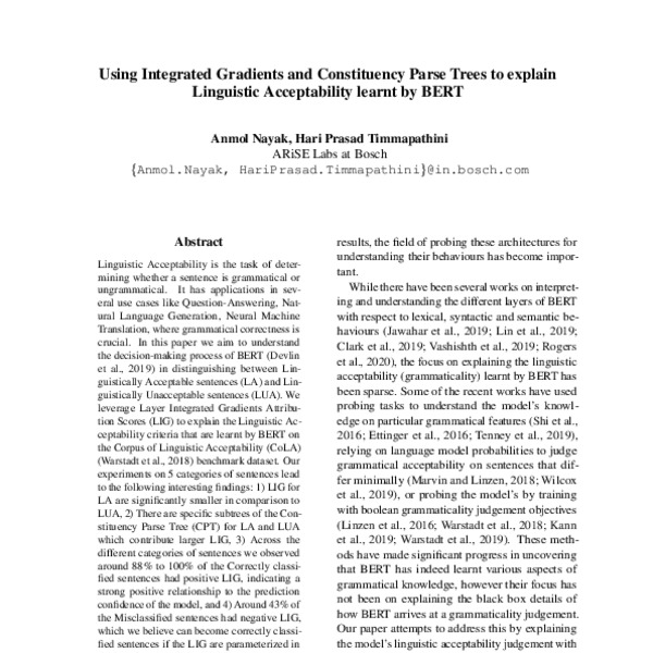 Using Integrated Gradients and Constituency Parse Trees to explain Linguistic Acceptability ...