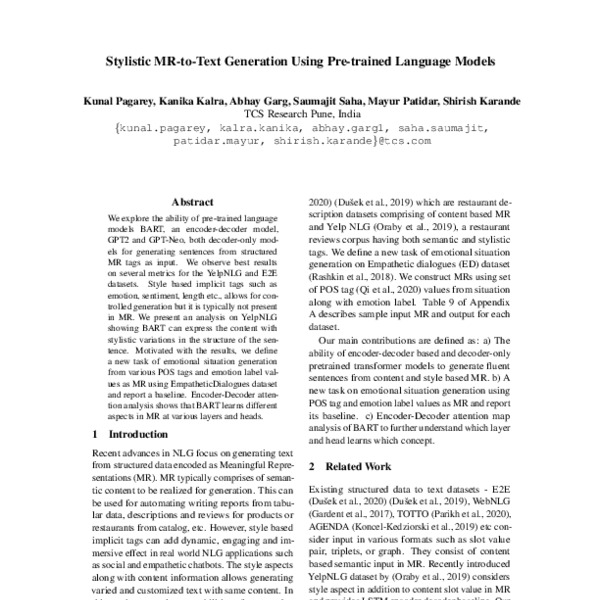 Stylistic MR-to-Text Generation Using Pre-trained Language Models - ACL Anthology