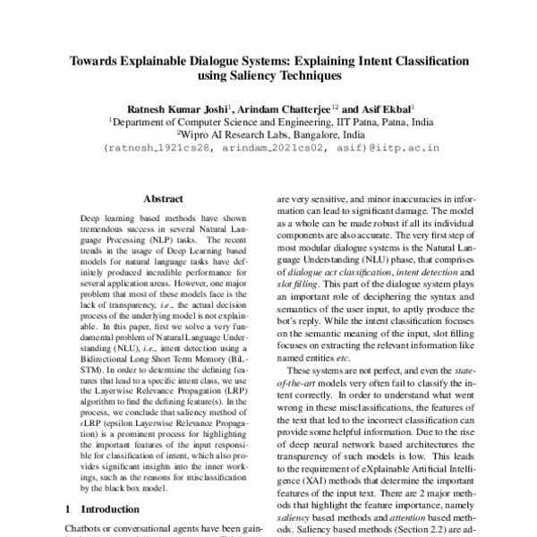Towards Explainable Dialogue System: Explaining Intent Classification using Saliency Techniques ...