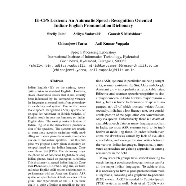 IE-CPS Lexicon: An Automatic Speech Recognition Oriented Indian-English Pronunciation Dictionary ...