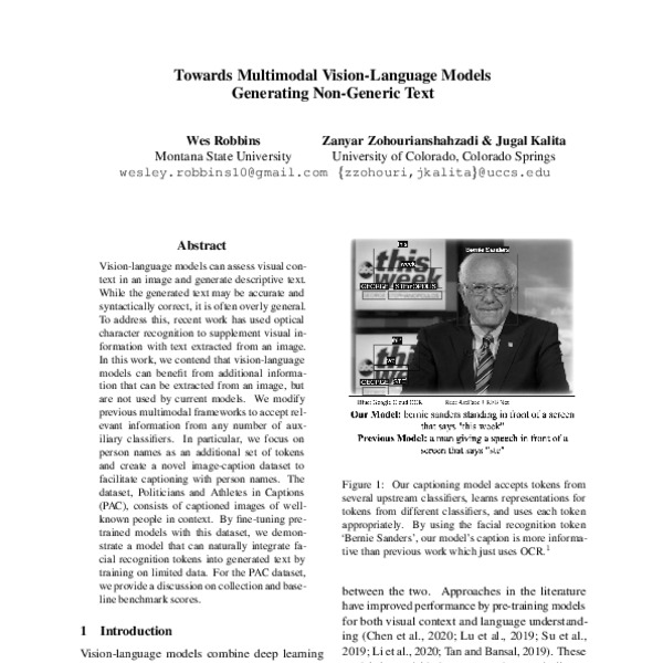 Towards Multimodal Vision Language Models Generating Non Generic Text