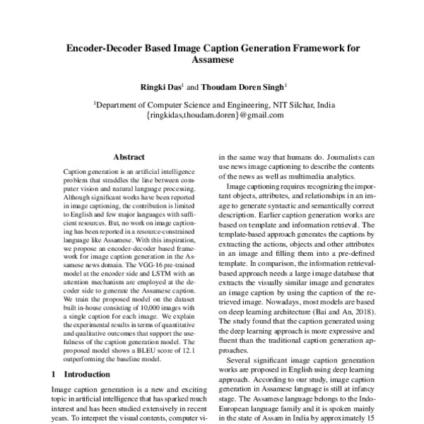 Image Caption Generation Framework for Assamese News using Attention Mechanism - ACL Anthology