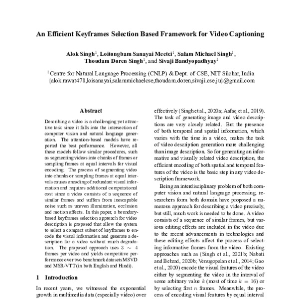 An Efficient Keyframes Selection Based Framework For Video Captioning Acl Anthology