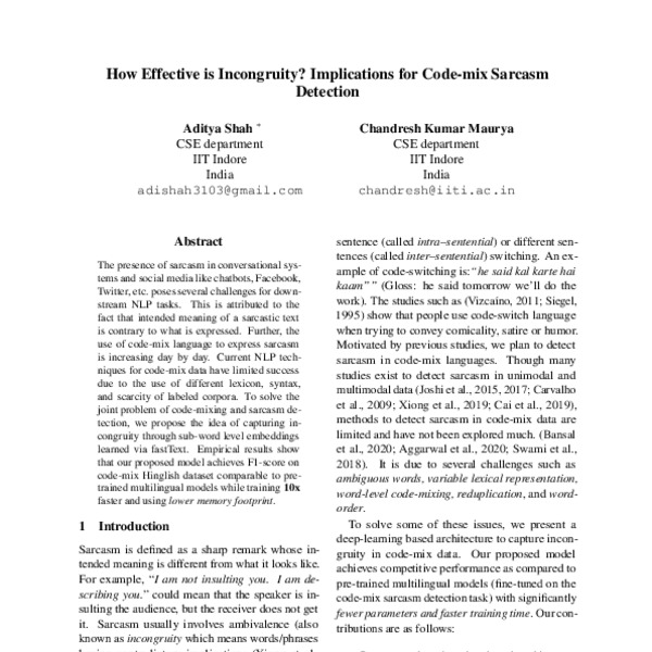 How effective is incongruity? Implications for code-mixed sarcasm detection - ACL Anthology