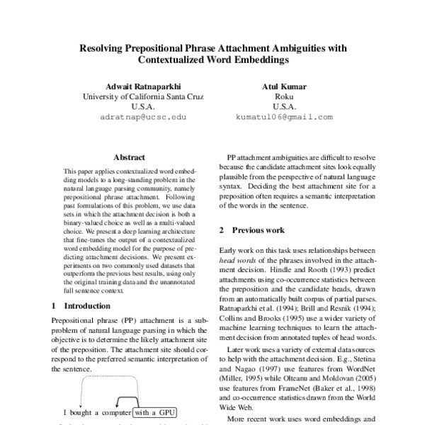 Resolving Prepositional Phrase Attachment Ambiguities with Contextualized Word Embeddings - ACL ...