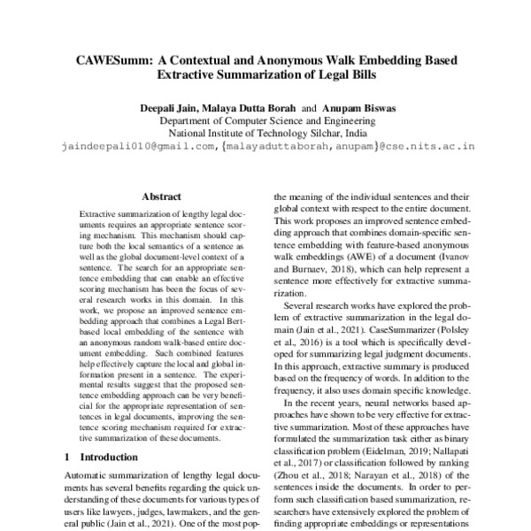 CAWESumm: A Contextual and Anonymous Walk Embedding Based Extractive Summarization of Legal ...