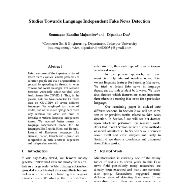 Studies Towards Language Independent Fake News Detection - ACL Anthology