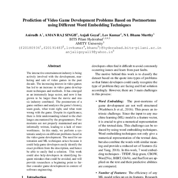 Prediction of Video Game Development Problems Based on Postmortems using Different Word ...