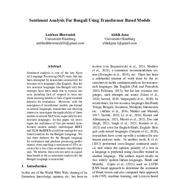 Sentiment Analysis For Bengali Using Transformer Based Models - ACL Anthology