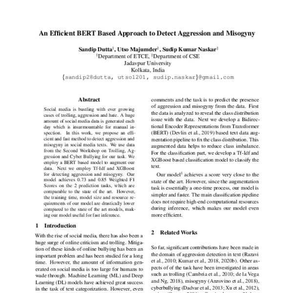An Efficient Bert Based Approach To Detect Aggression And Misogyny