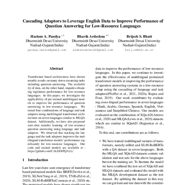 Cascading Adaptors to Leverage English Data to Improve Performance of Question Answering for Low ...