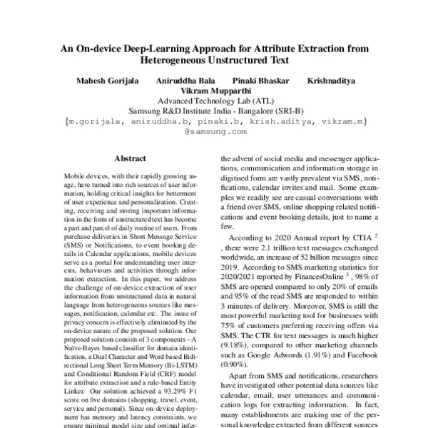 An On Device Deep Learning Approach For Attribute Extraction From