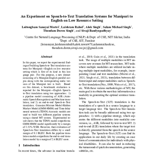 An Experiment on Speech-to-Text Translation Systems for Manipuri to English on Low Resource ...