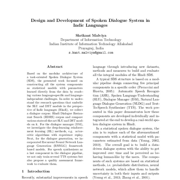 Design And Development Of Spoken Dialogue System In Indic Languages Acl Anthology